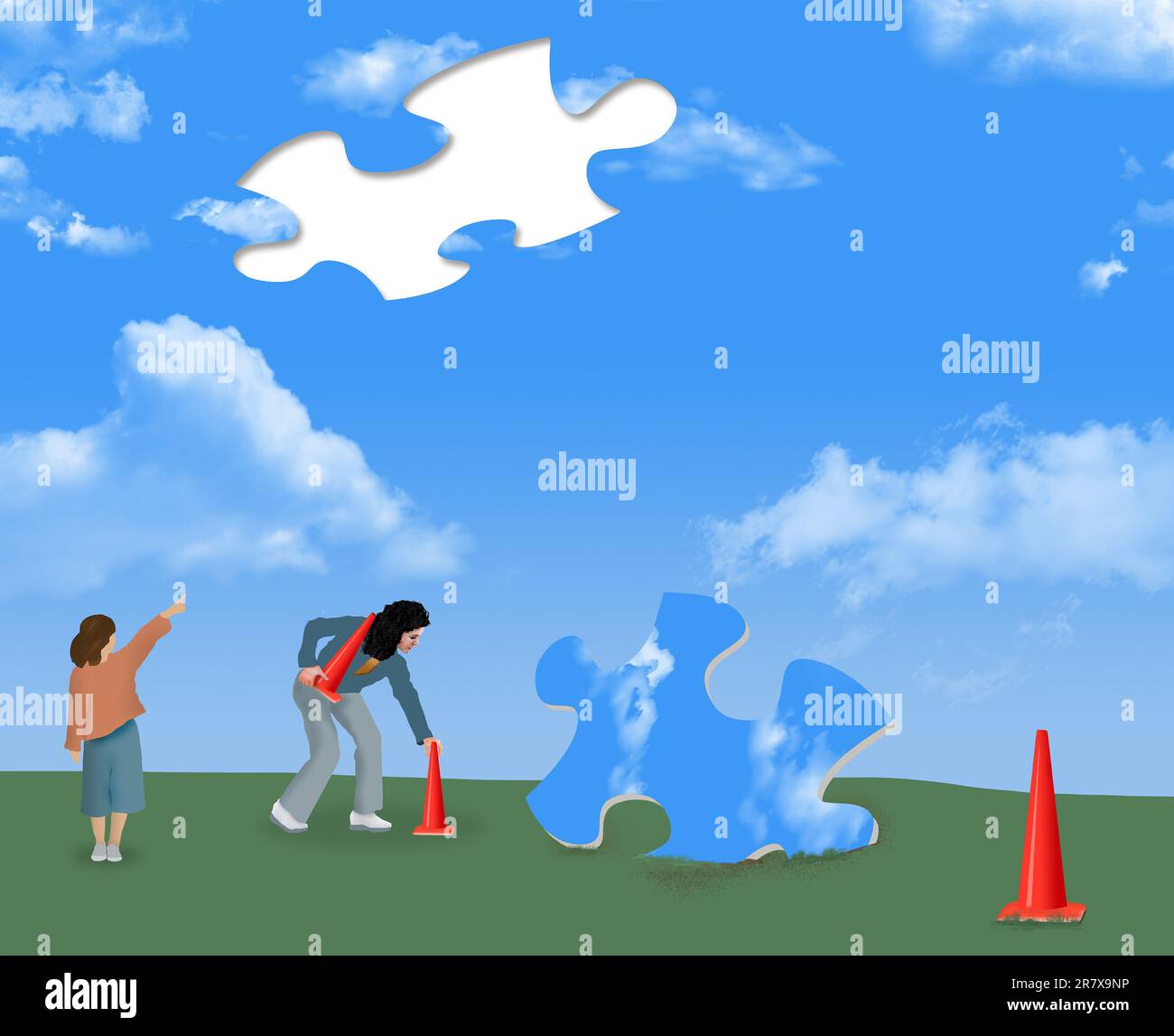 The sky is falling. A jigsaw puzzle piece of sky is seen crashed into ...