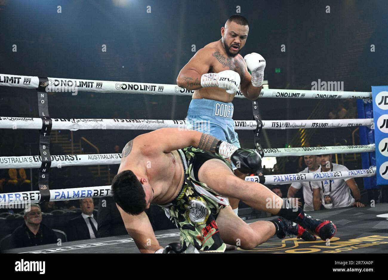 Gold Coast, Australia. 18th June, 2023. Liam Talivaa (left) knocks out ...