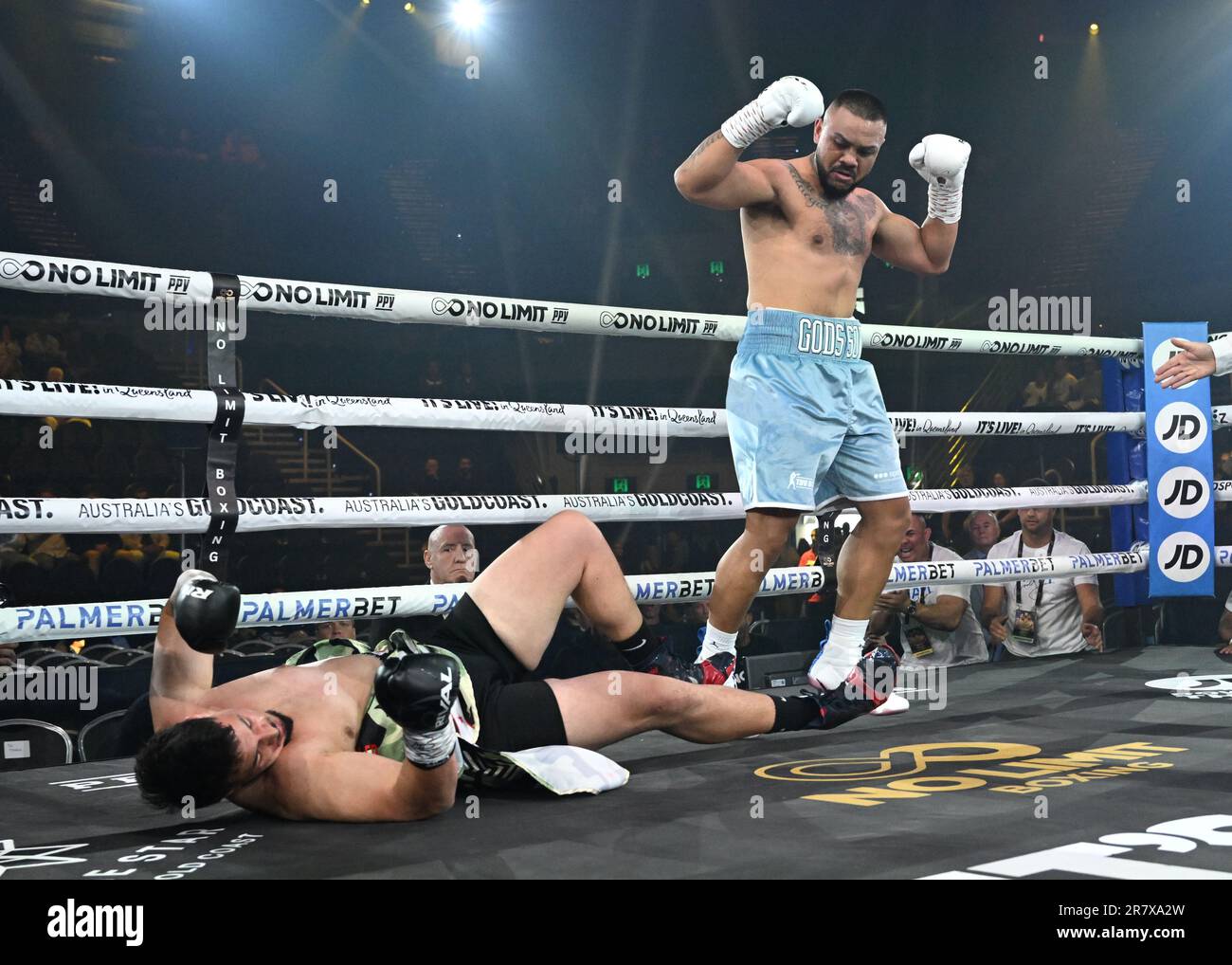Gold Coast, Australia. 18th June, 2023. Liam Talivaa (right) knocks out ...