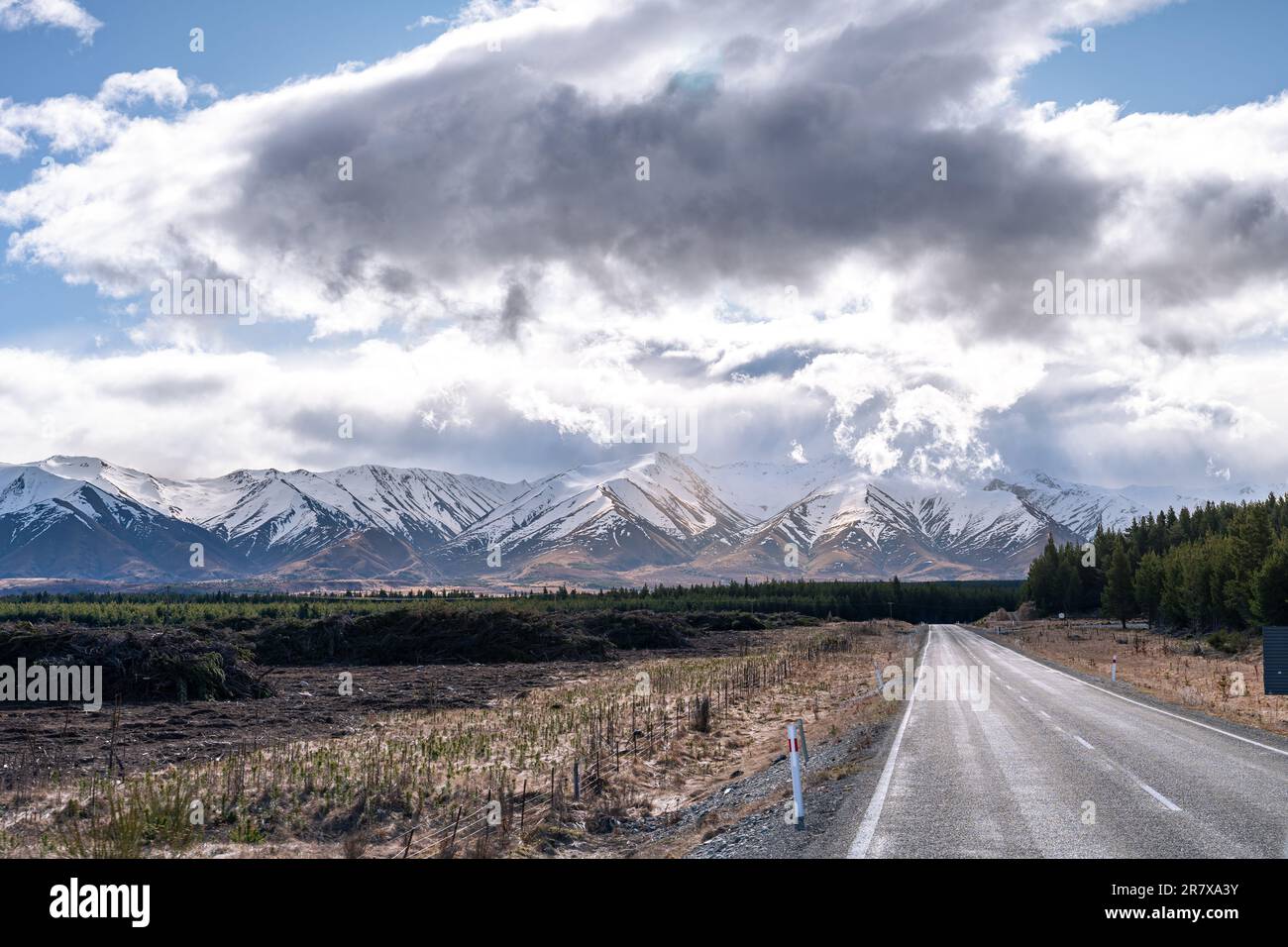 A scenic landscape of road to Aoraki Mount Cook - Lake Pukaki with blue ...