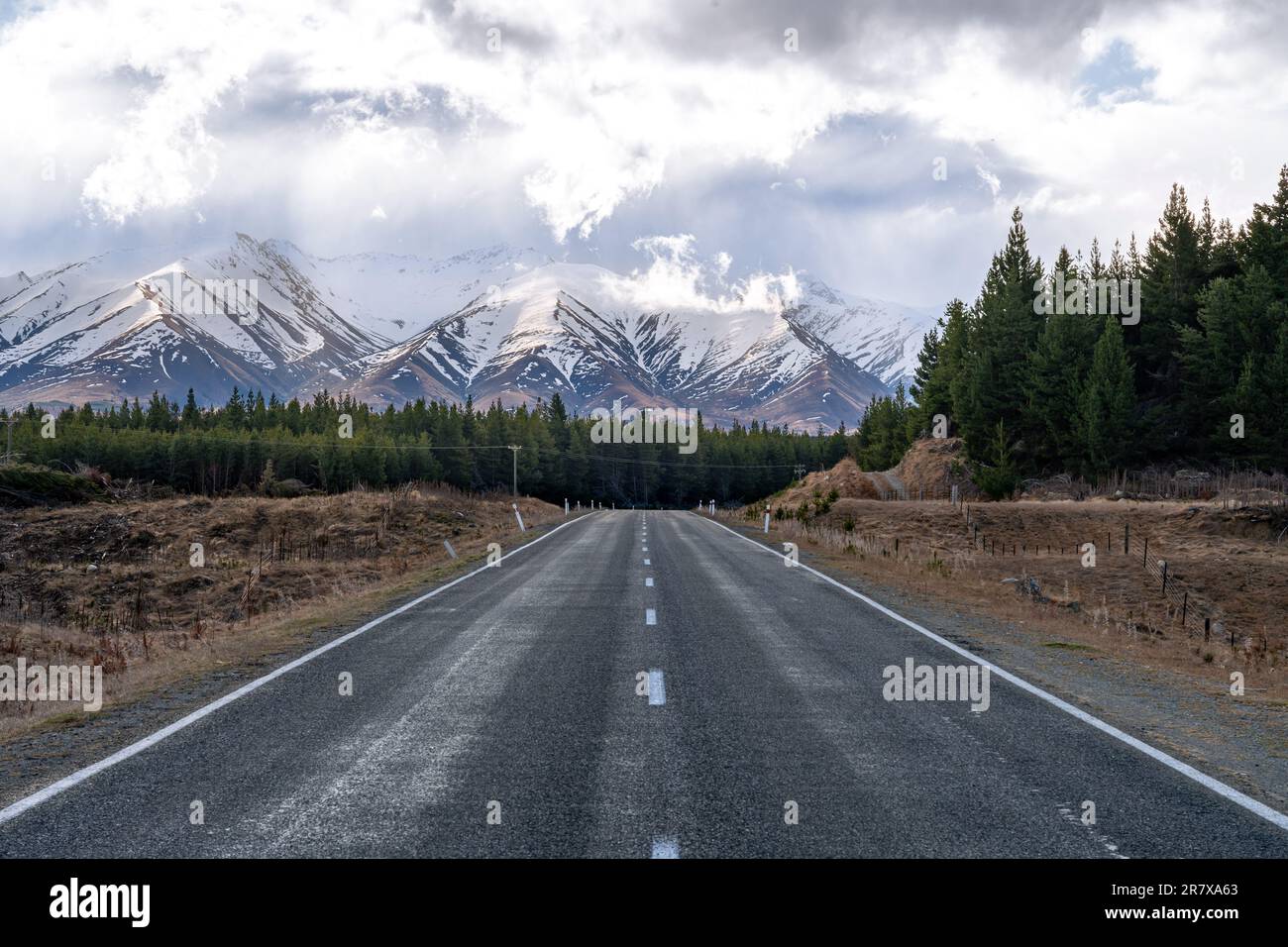 A scenic landscape of road to Aoraki Mount Cook - Lake Pukaki with blue ...