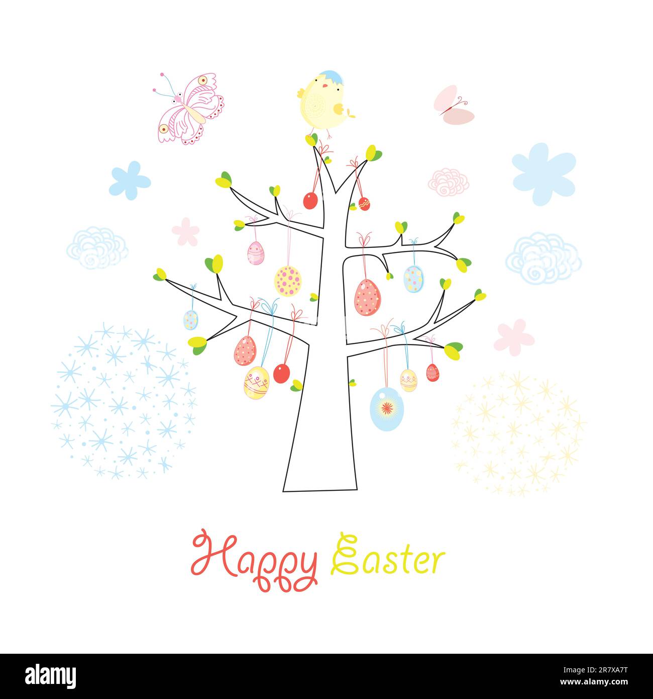 graphical Easter tree with a chicken on a white background with clouds ...