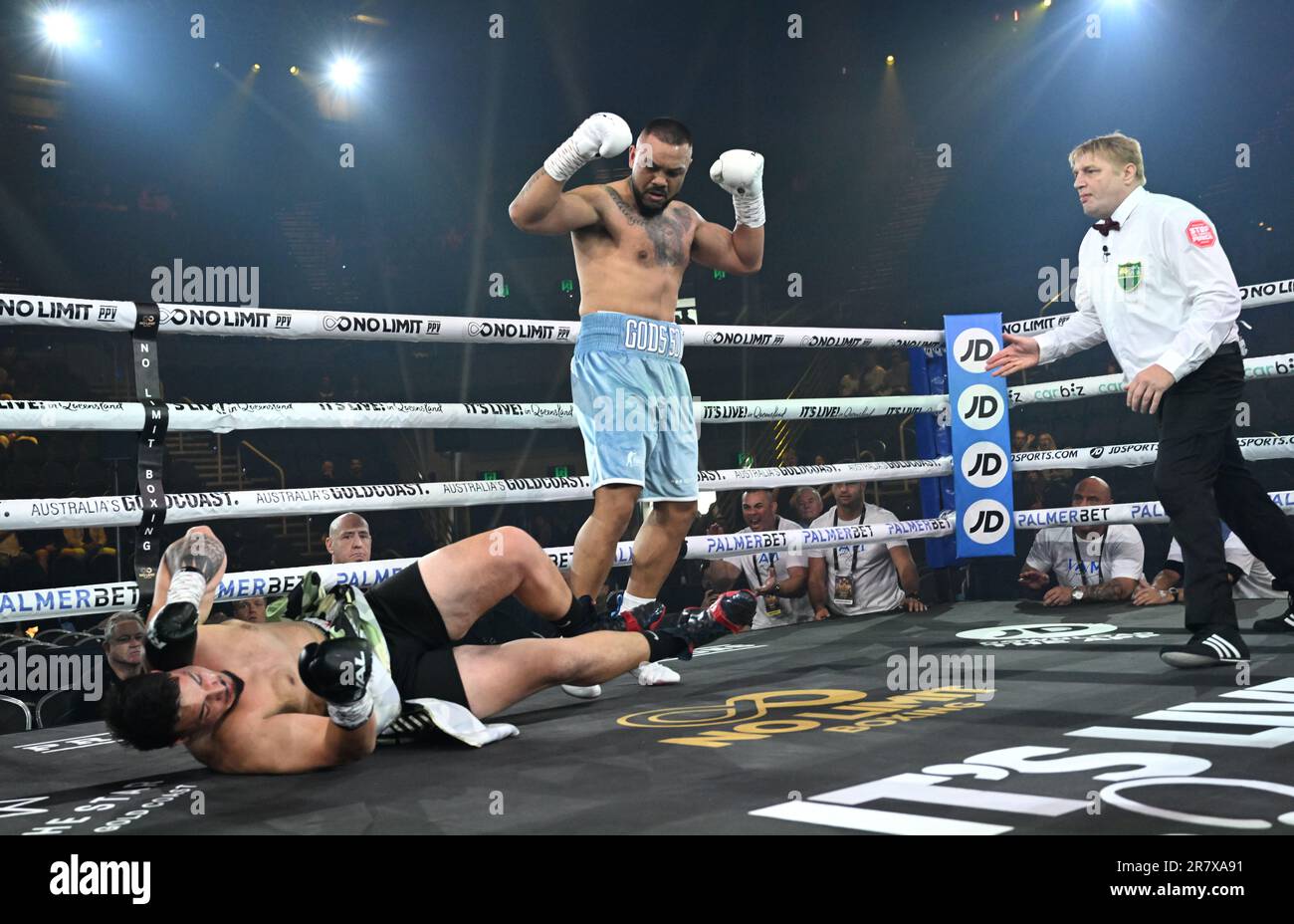 Gold Coast, Australia. 18th June, 2023. Liam Talivaa (right) knocks out ...