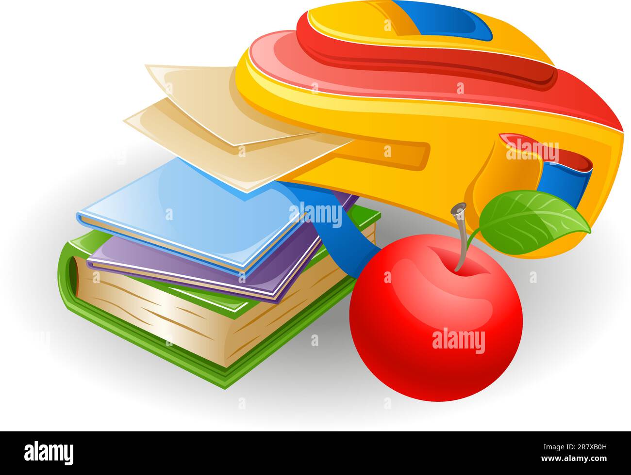 Vector illustration of school bag: notebook, book, paper and apple on ...