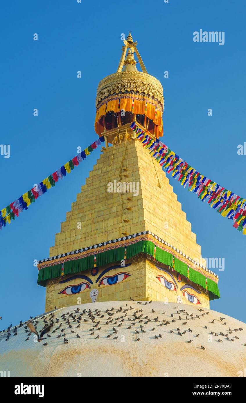 The dome and gold spire of Bodhnath Stupa, Kathmandu, Nepal, with ...