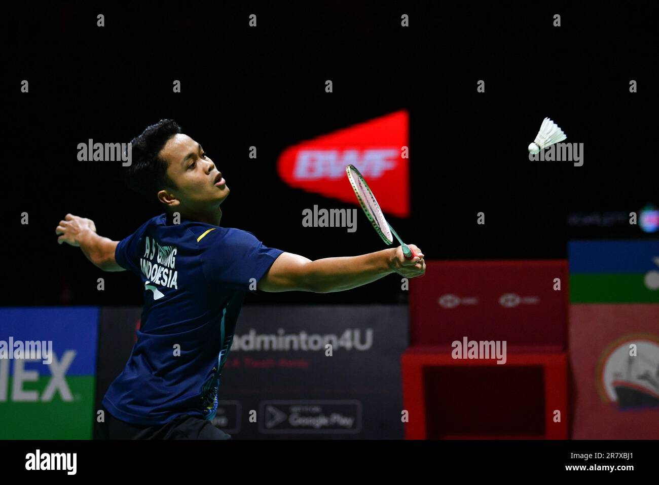 Jakarta, Indonesia. 17th June, 2023. Anthony Sinisuka Ginting of Indonesia hits a return during ...