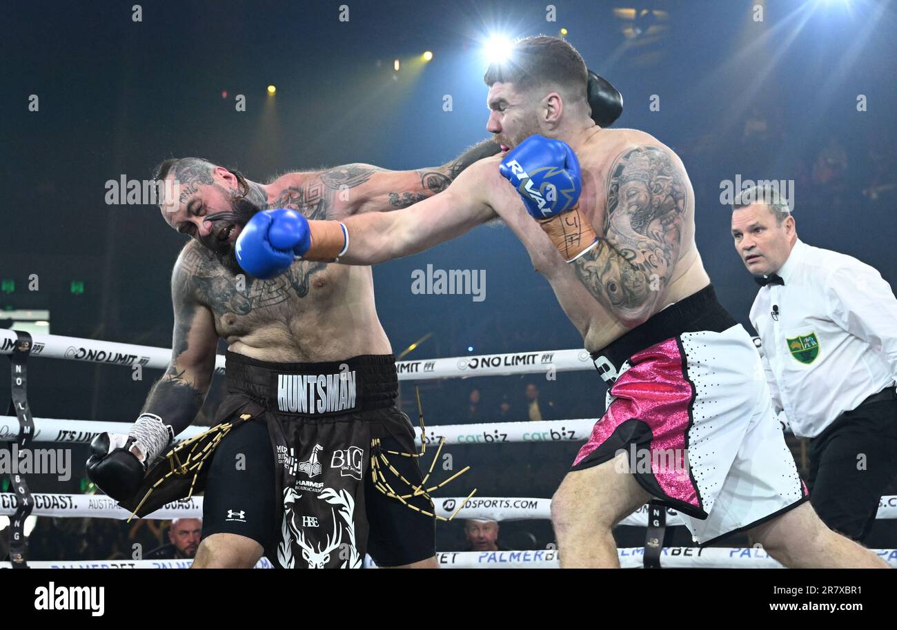 Gold Coast, Australia. 18th June, 2023. Troy Pilcher (right) lands a ...