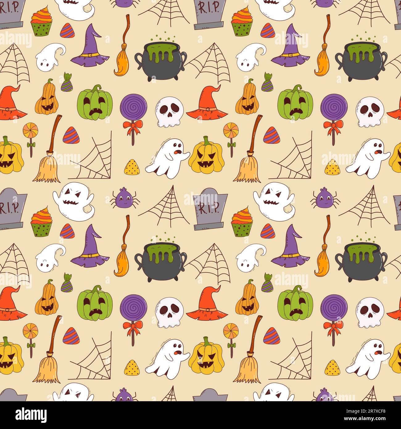 Funny halloween seamless pattern: pumpkin, ghost, witch hat, bat ...