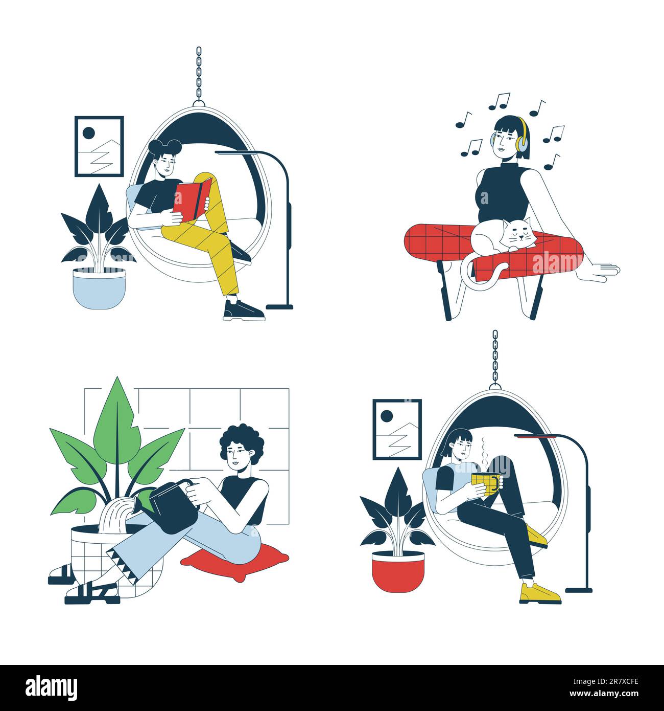 Leisure activities at home flat line vector spot illustration set Stock ...