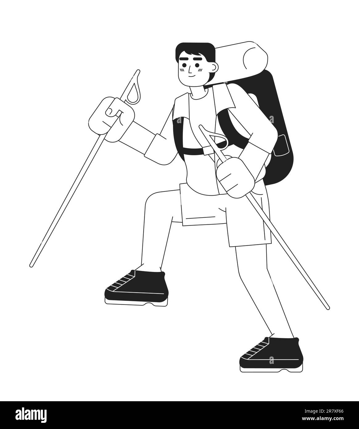 Asian young male hiker climber with trekking poles monochromatic flat ...