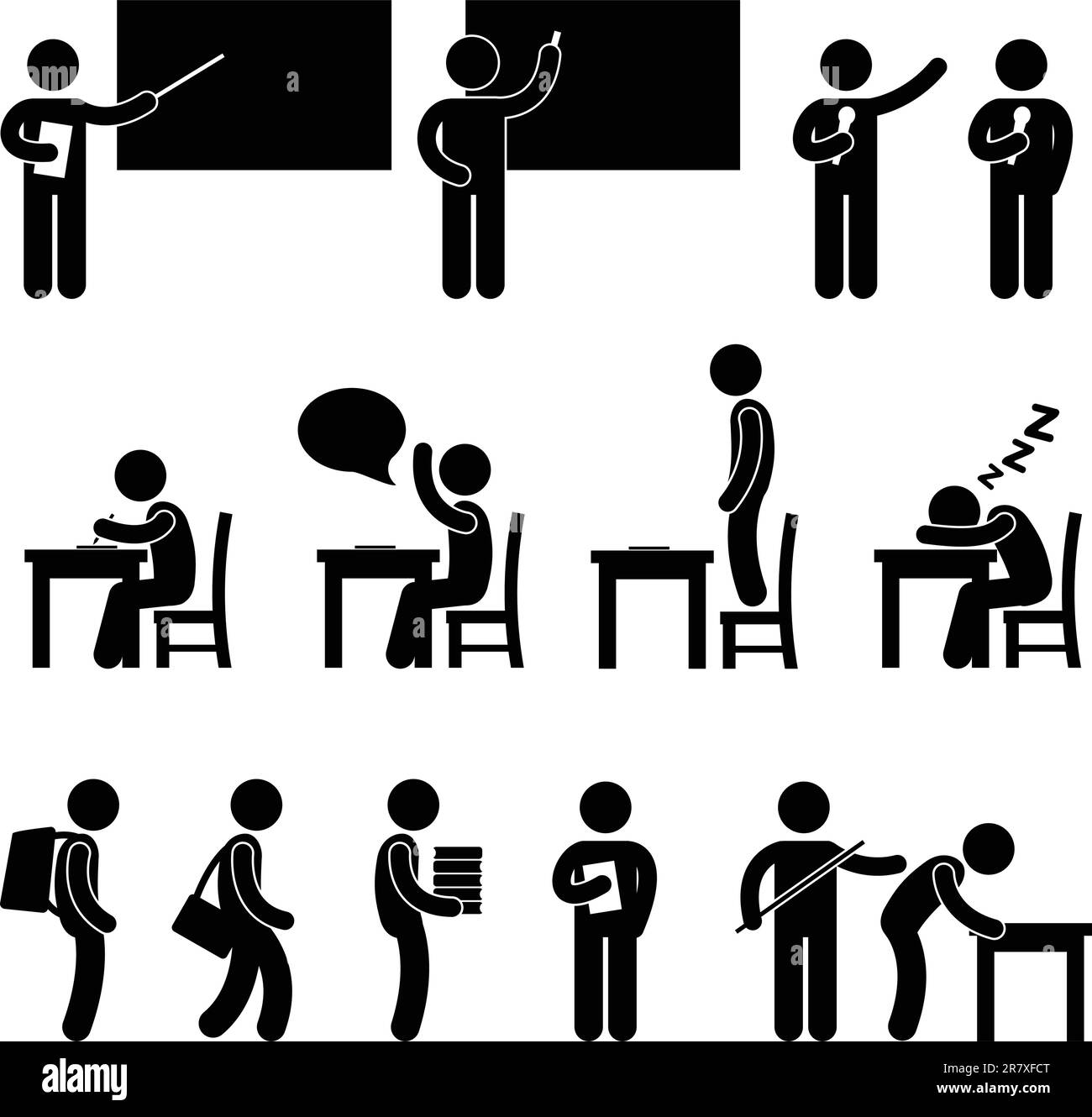 A set of human figure and pictogram showing scenarios in a school Stock ...