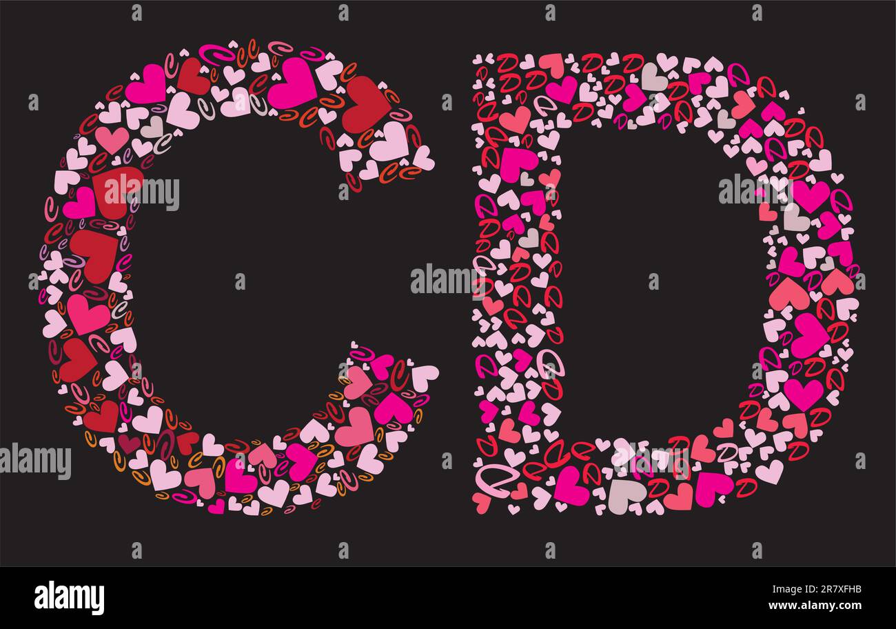 Letter C, D. Valentine alphabet set with heart. Vector font Stock ...