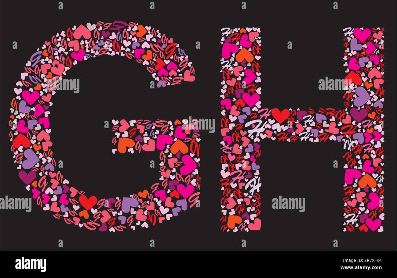 Letter G, H. Valentine alphabet set with heart. Vector font Stock ...