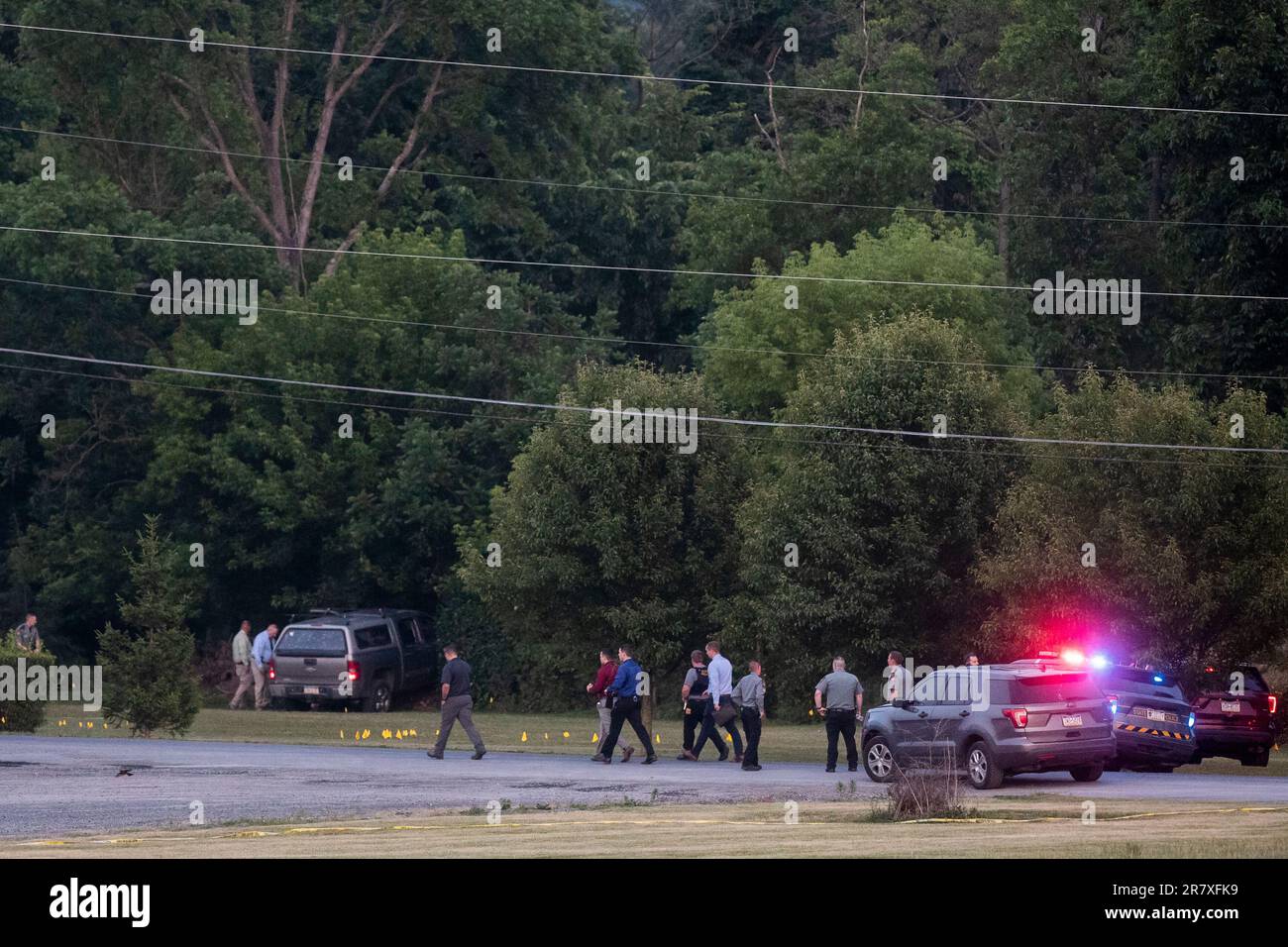 Law enforcement work the scene after a shooting near Mifflintown, Pa ...