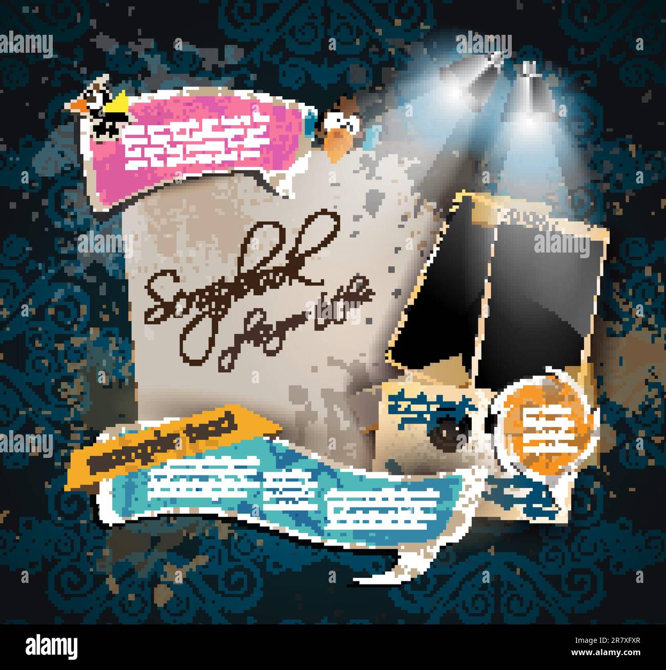 Vintage scrapbook composition with old style distressed postage design ...