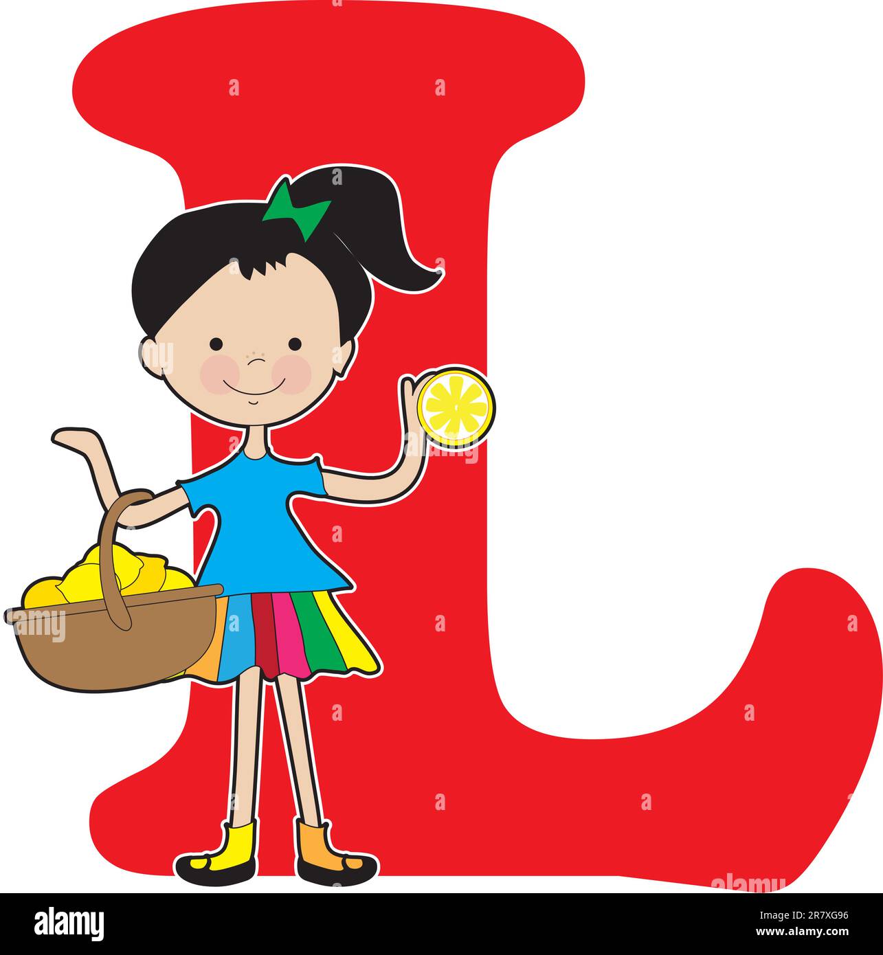 A young girl holding a basket of lemons to stand for the letter L Stock ...