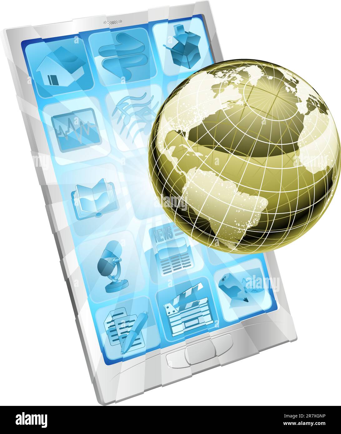 Internet concept illustration. Phone with illuminated globe flying out ...