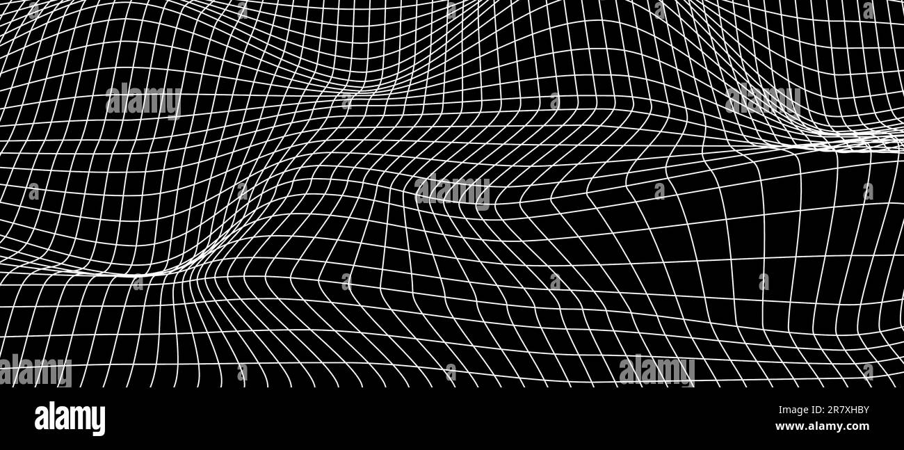 White Grid Distortion On Black Background Waved Mesh Surface Net With Curvatured Effect