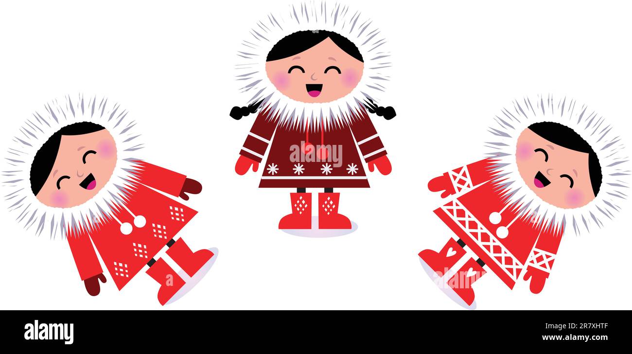 Happy stylized eskimo kids. Vector illustration in retro style Stock ...