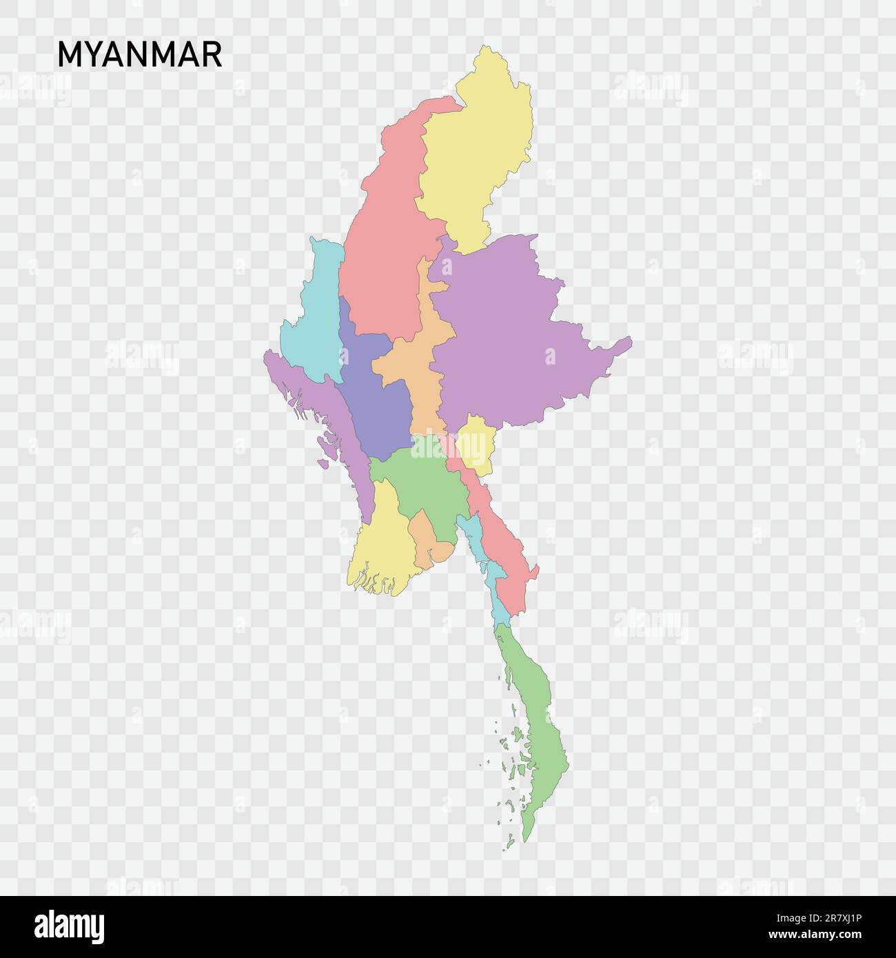 Isolated colored map of Myanmar with borders of the regions Stock ...