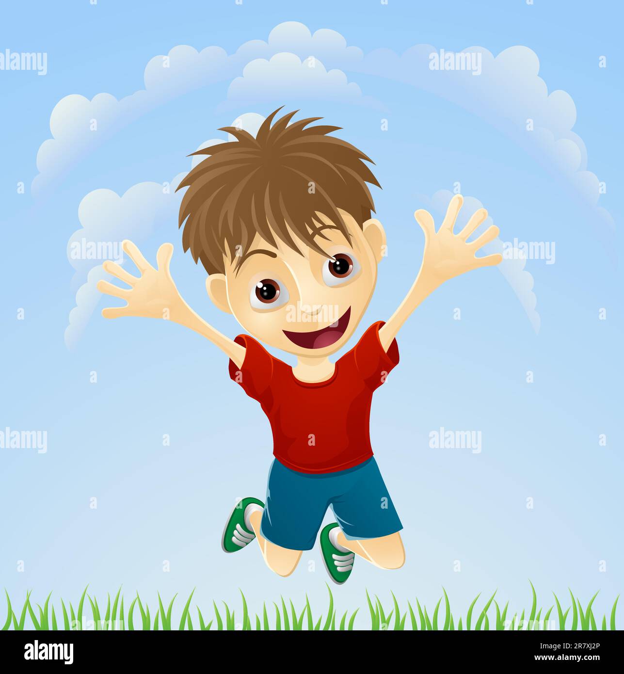 Illustration of a young boy happily jumping the air with arms ...