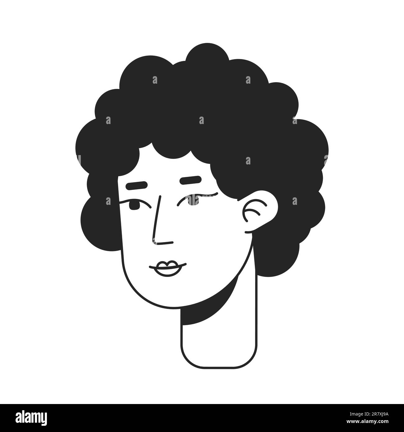 Afro curly hair middle-aged woman monochrome flat linear character head ...