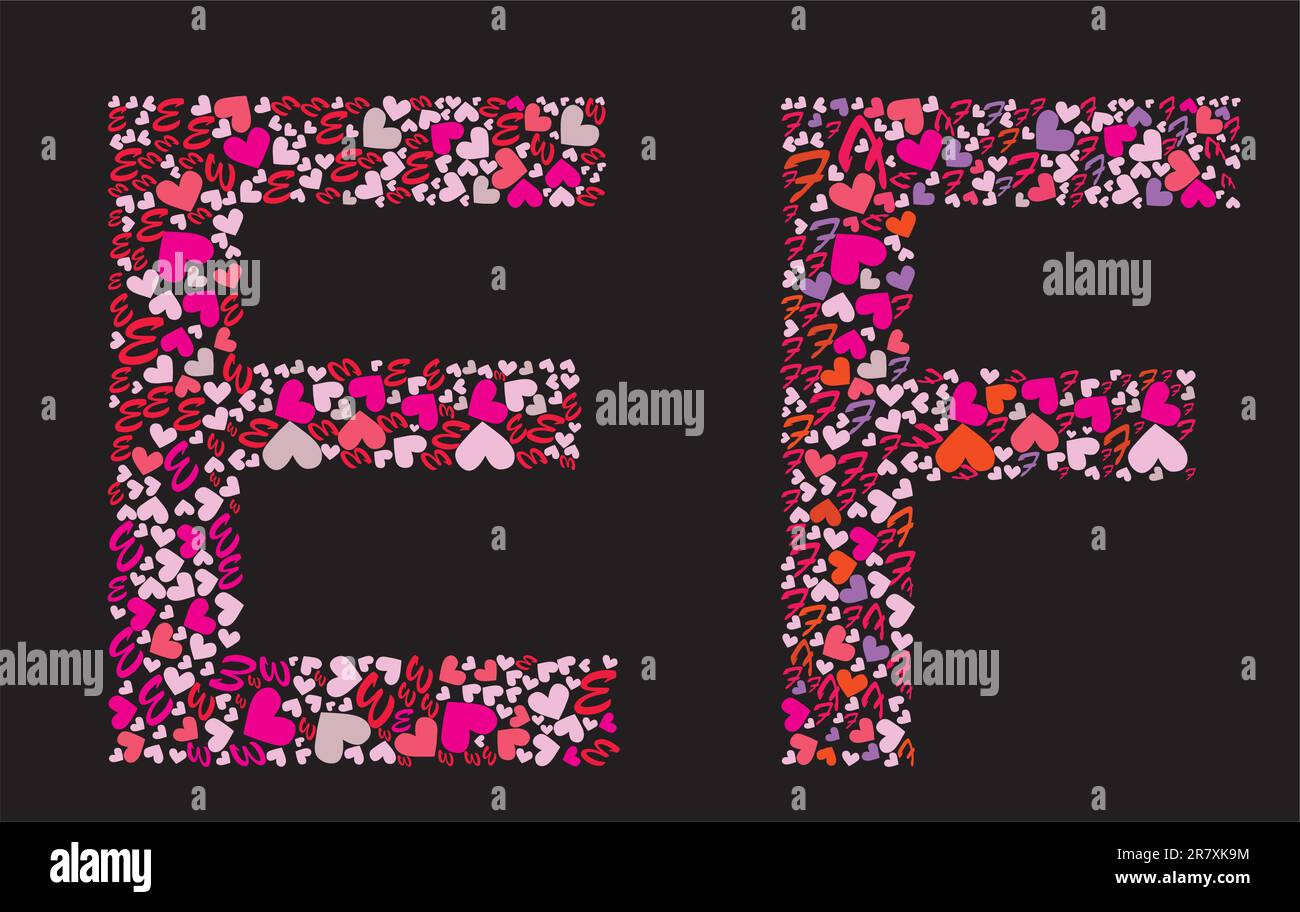 Letter E, F. Valentine alphabet set with heart. Vector font Stock ...