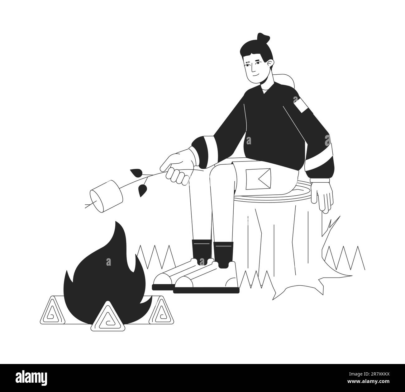 Making campfire marshmallow bw vector spot illustration Stock Vector ...