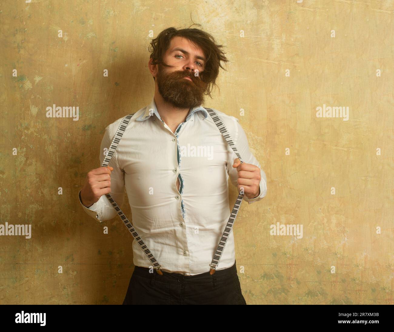 Funny crazy guy man his suspenders feel candid face expression. Bearded ...