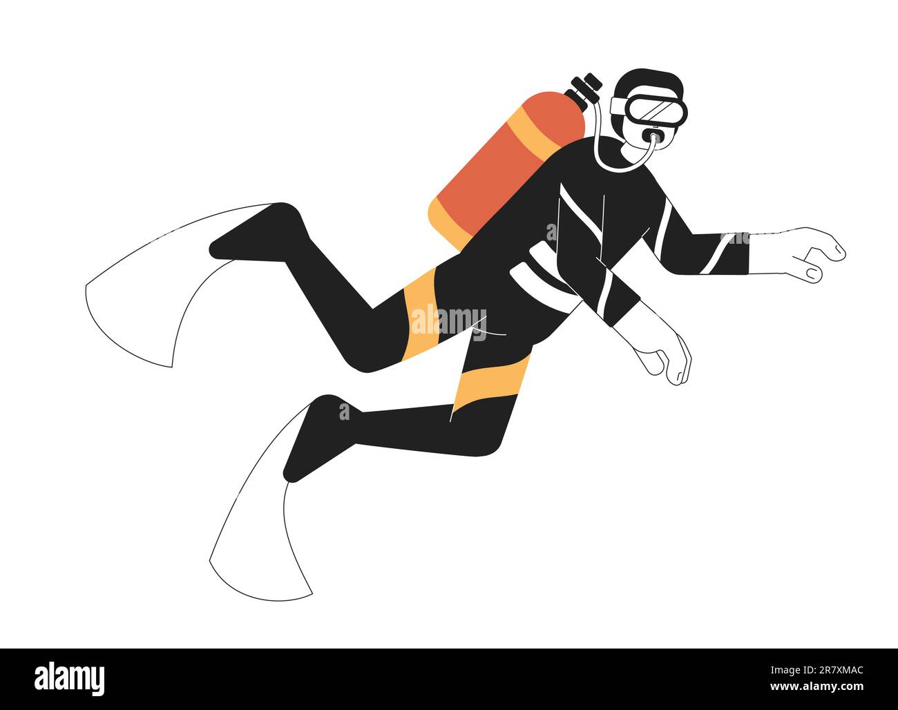 Male scuba diver swimming underwater monochromatic flat vector ...