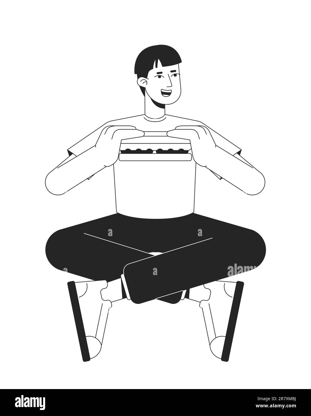 Guy eating sandwich in legs crossed posture flat line black white ...