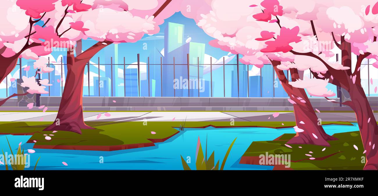 Sakura tree near pond in city park garden with fence vector background ...