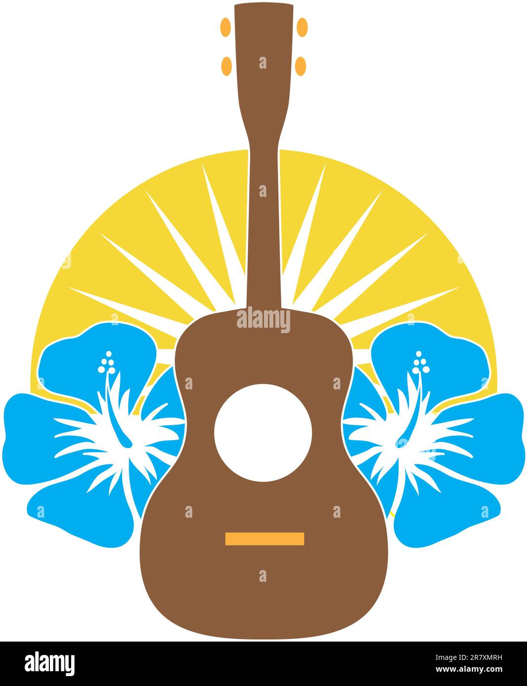 A stylized ukulele, sitting on a background of Hibiscus flowers over a ...