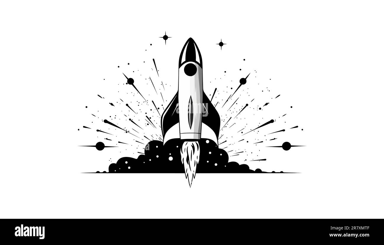 Rocket ship with fire. Isolated on white background. Icon flat with a ...