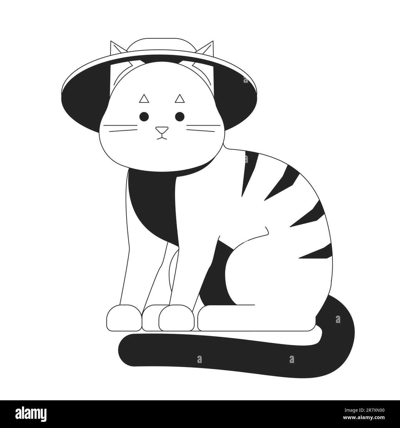 Cute tabby cat wearing summer hat flat line black white vector character Stock Vector Image ...