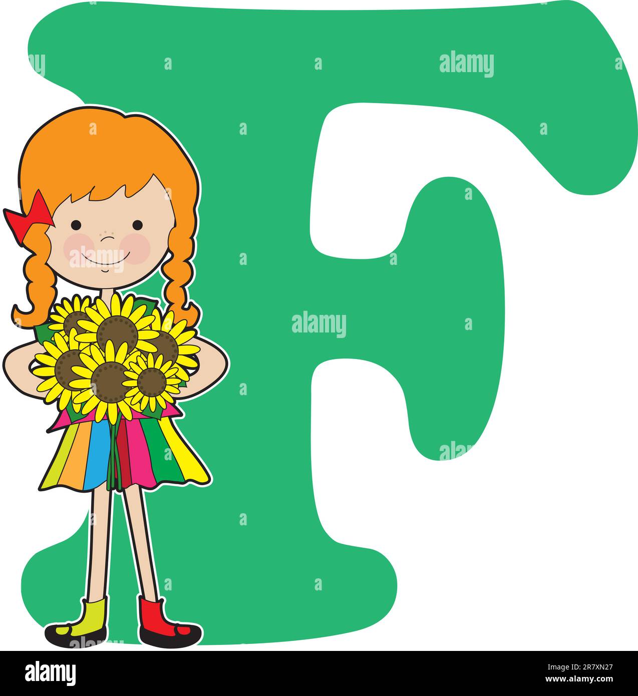 A young girl holding a flowers to stand for the letter F Stock Vector ...