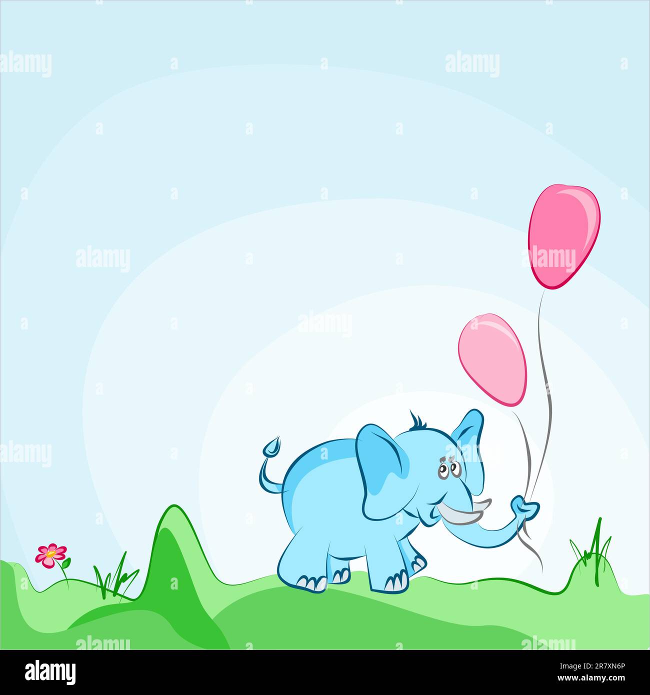 Cheerful blue elephant with pink balloons vector card. Also available ...