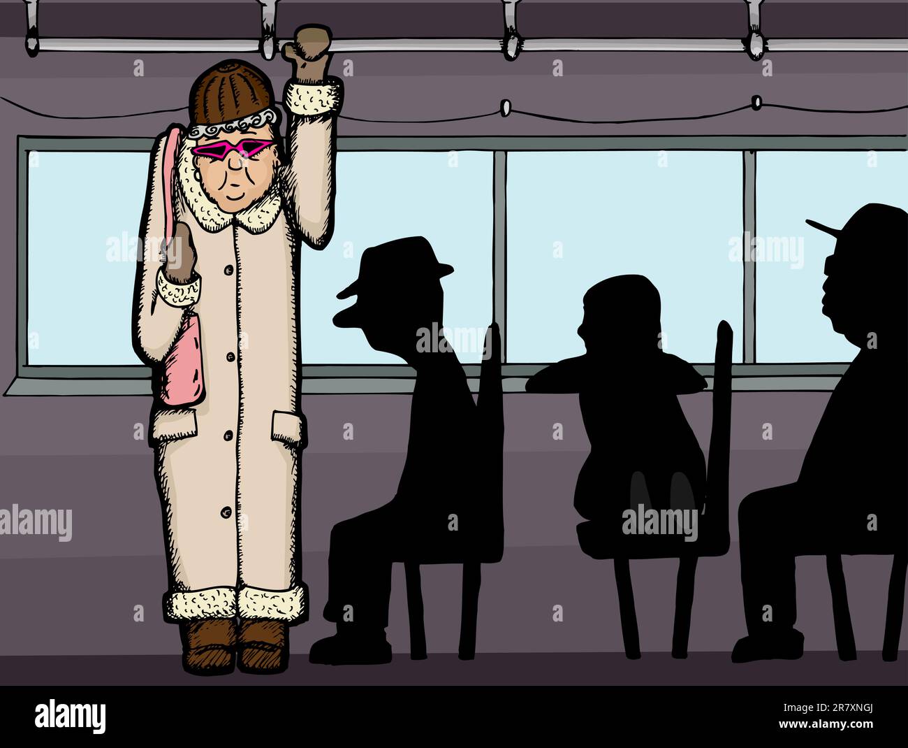 Senior citizen stands aboard a bus with silhouettes of people Stock ...