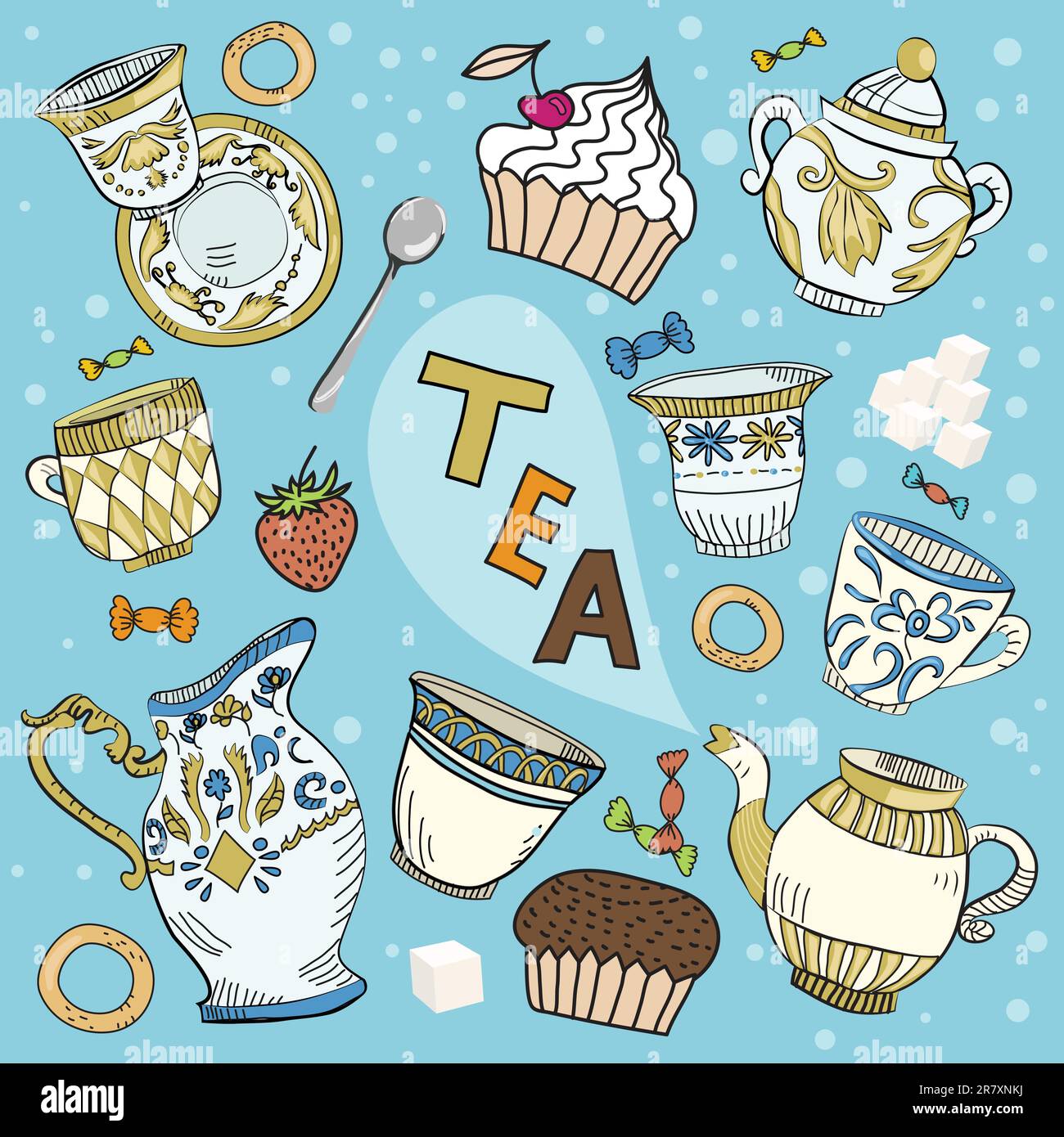 The big colorful set of dishes in the Victorian style for tea drink ...