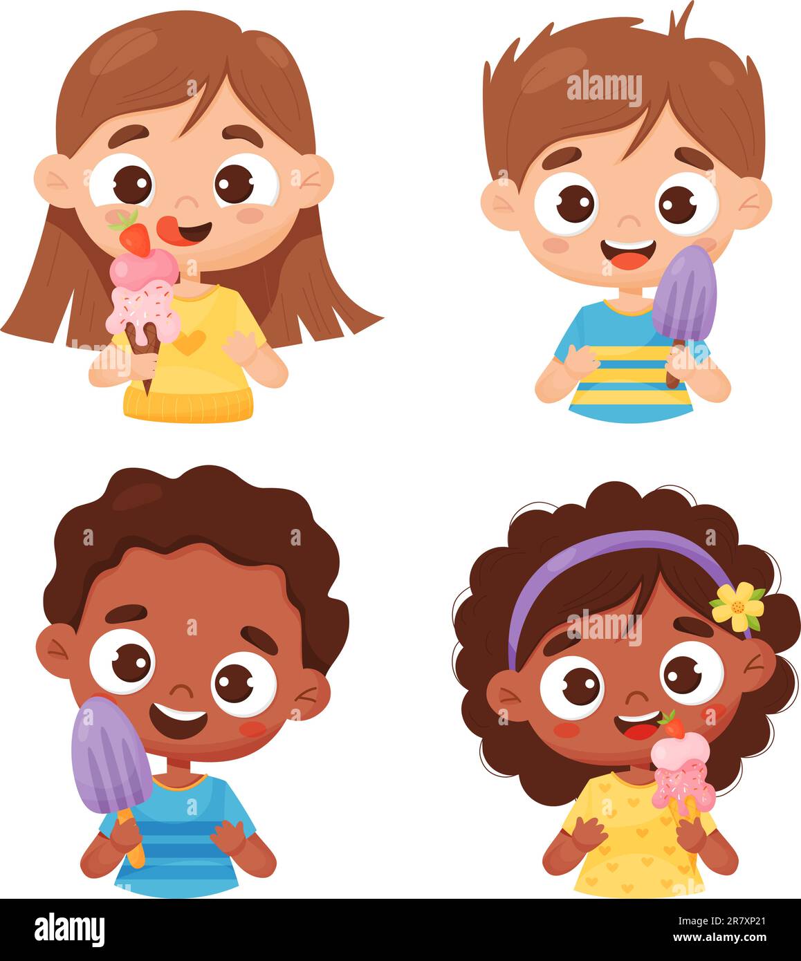 Collection happy kids with ice cream. Cute different girls and boys ...