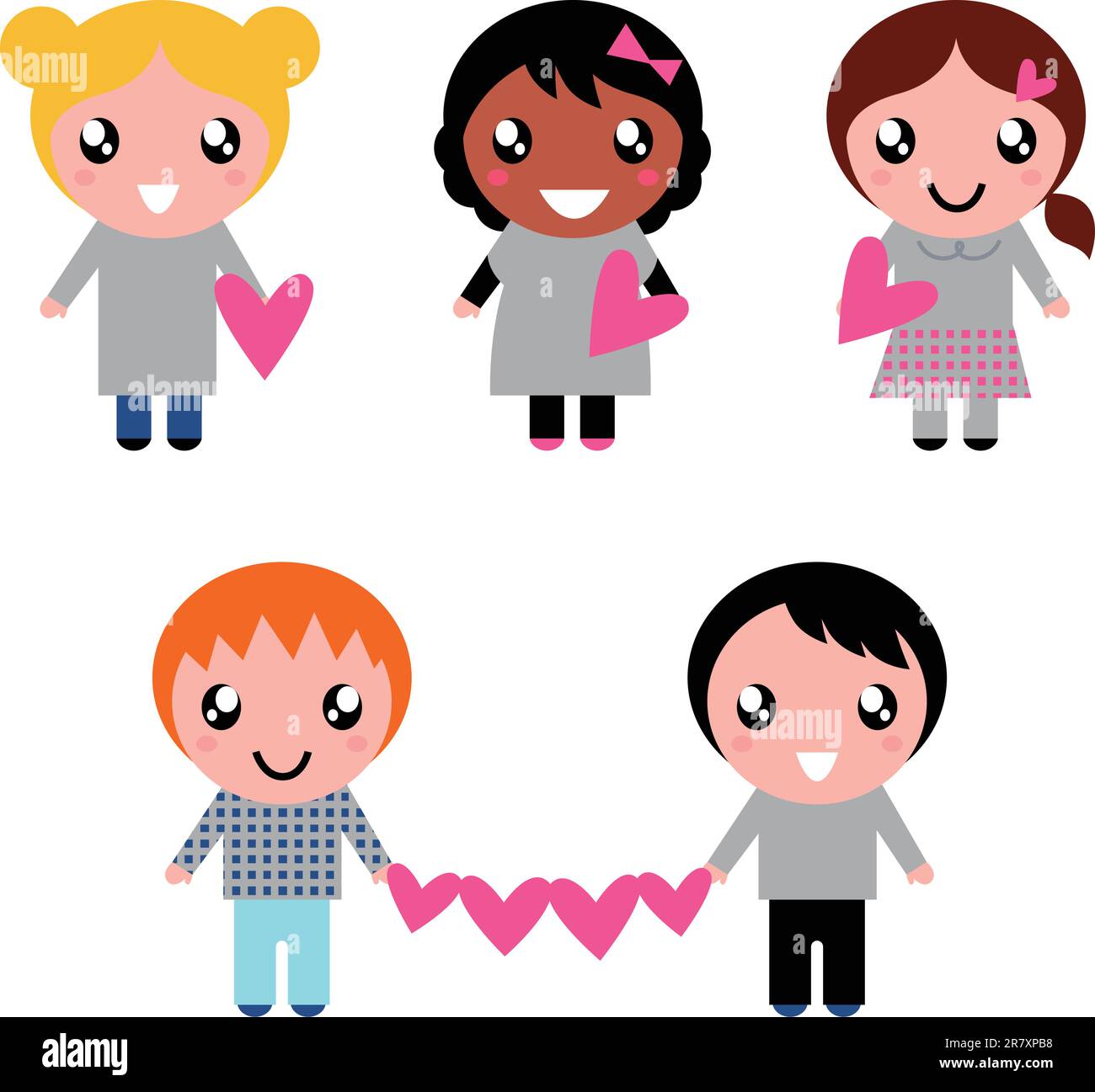 Multicultural kids holding valentines hearts. Vector cartoon Stock ...