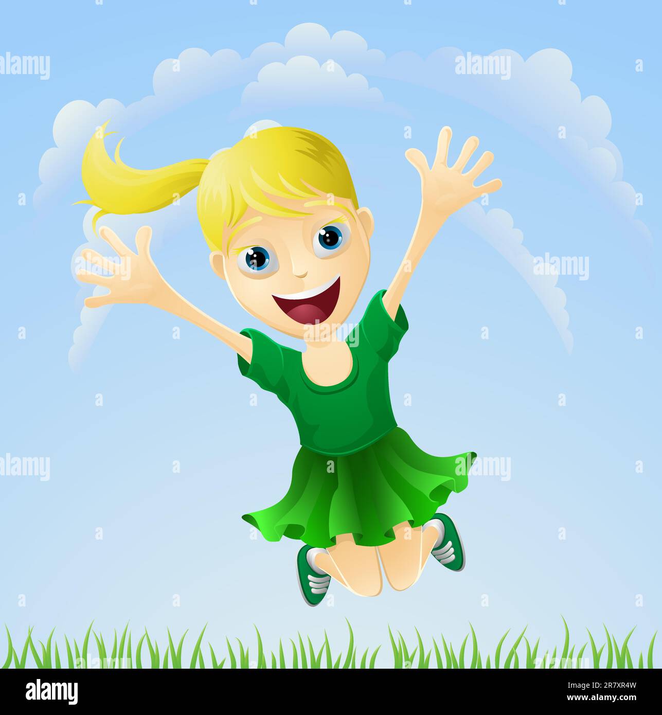 Illustration of a young girl happily jumping the air with arms ...