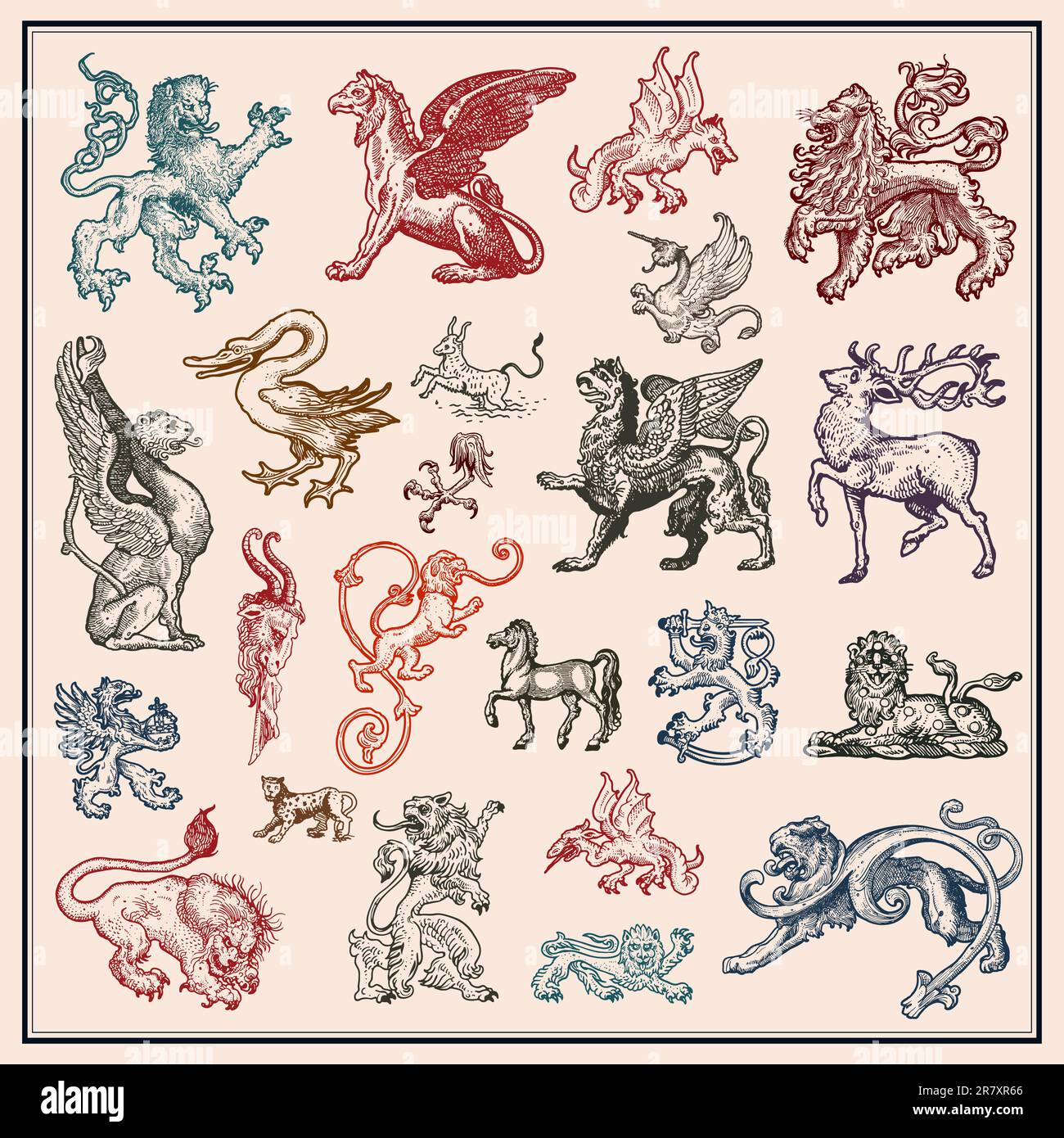 vector set of heraldic beasts isolated on light background Stock Vector ...