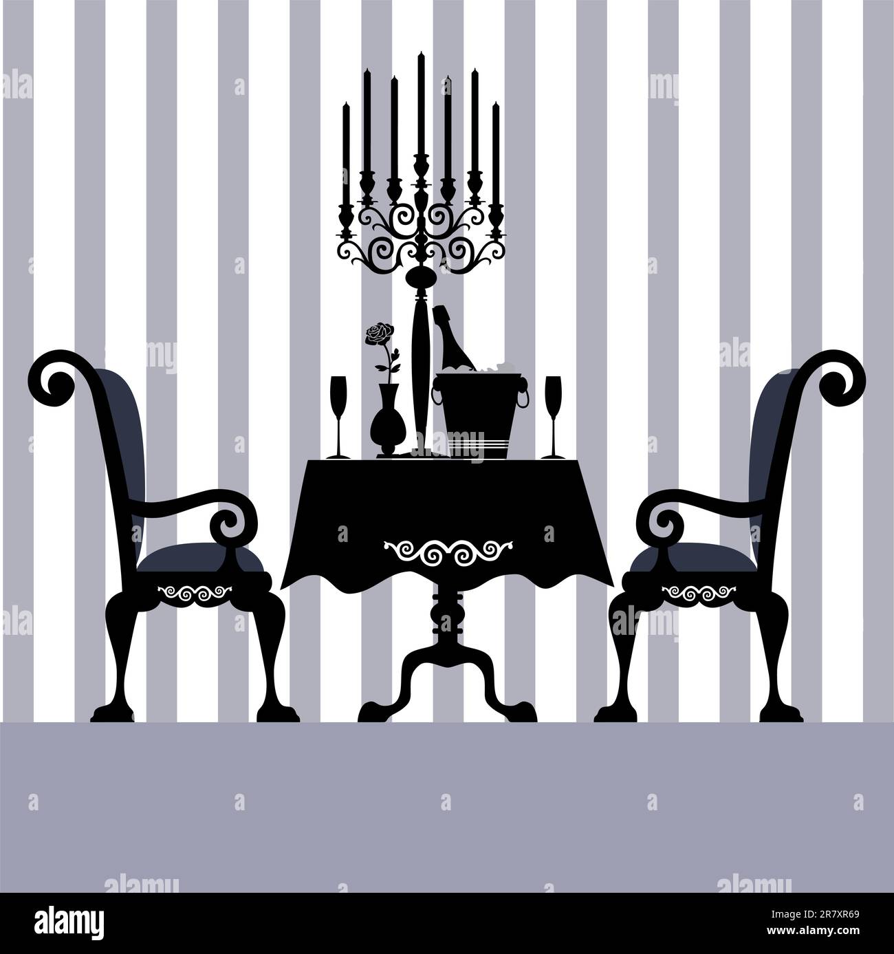 Romantic dinner for two with table and two chairs, candle and champagne ...