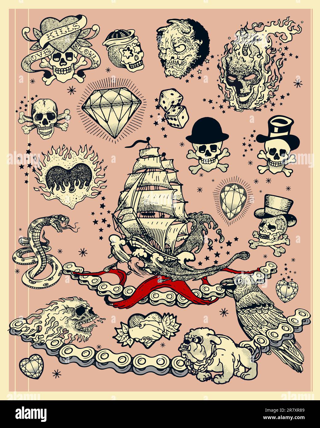 vector set of tattoos isolated on light pink background Stock Vector ...