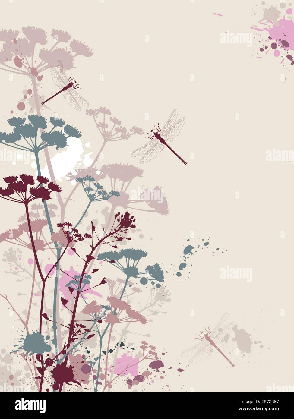 Background with flowers,dragonfly and grunge effect Stock Vector Image ...