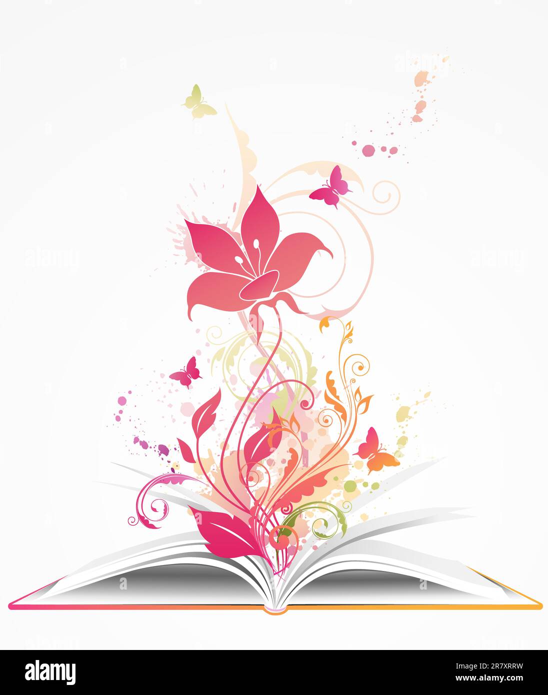 background with open book, pink flower and butterflies Stock Vector ...