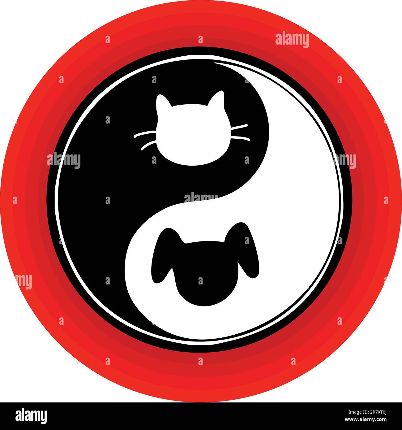 An atypical yin yang symbol inside a red circle, with a cat and dog ...