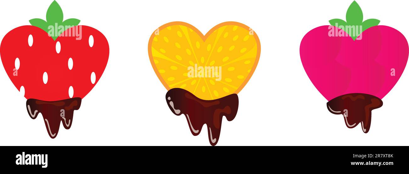 Strawberry, orange and raspberry chocolate hearts. Vector Illustration ...