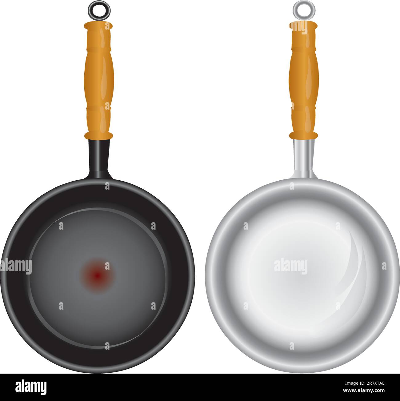 Steel and Teflon pans with a wooden handle. Vector illustration Stock ...
